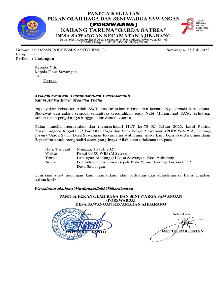 Surat Undangan Pembukaan Turnamen Sepak Bola Kepala Desa | PDF