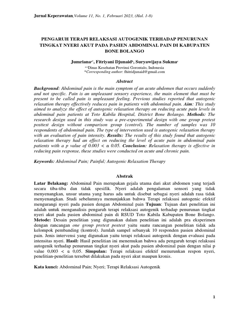 Pengaruh Terapi Relaksasi Autogenik Terhadap Penurunan Tingkat Nyeri Akut Pada Pasien Abdominal ...