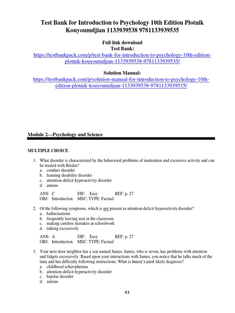Introduction To Psychology 10th Edition Plotnik Kouyoumdjian Test Bank ...