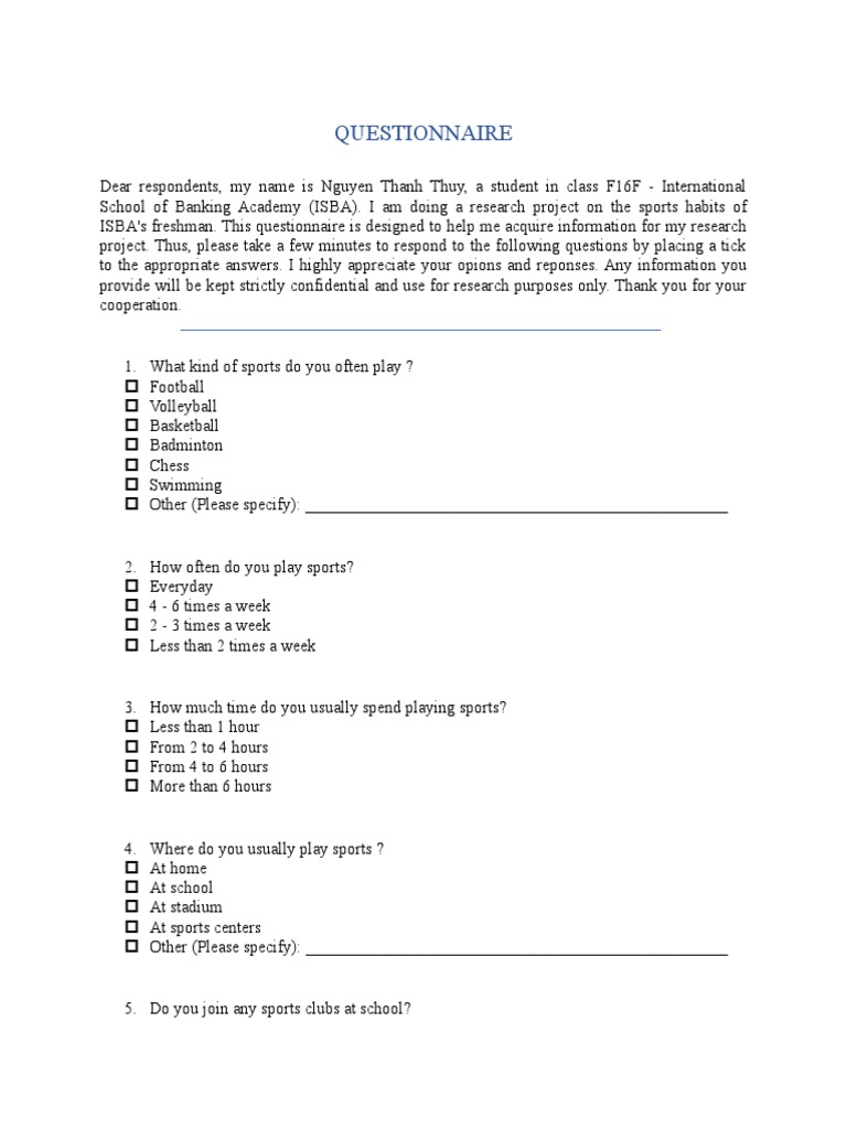 QUESTIONNAIRE | PDF | Sports | Psychology