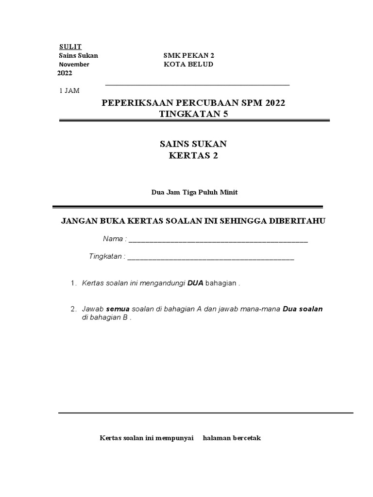 Cover Soalan Kertas 2 Sains Sukan | PDF