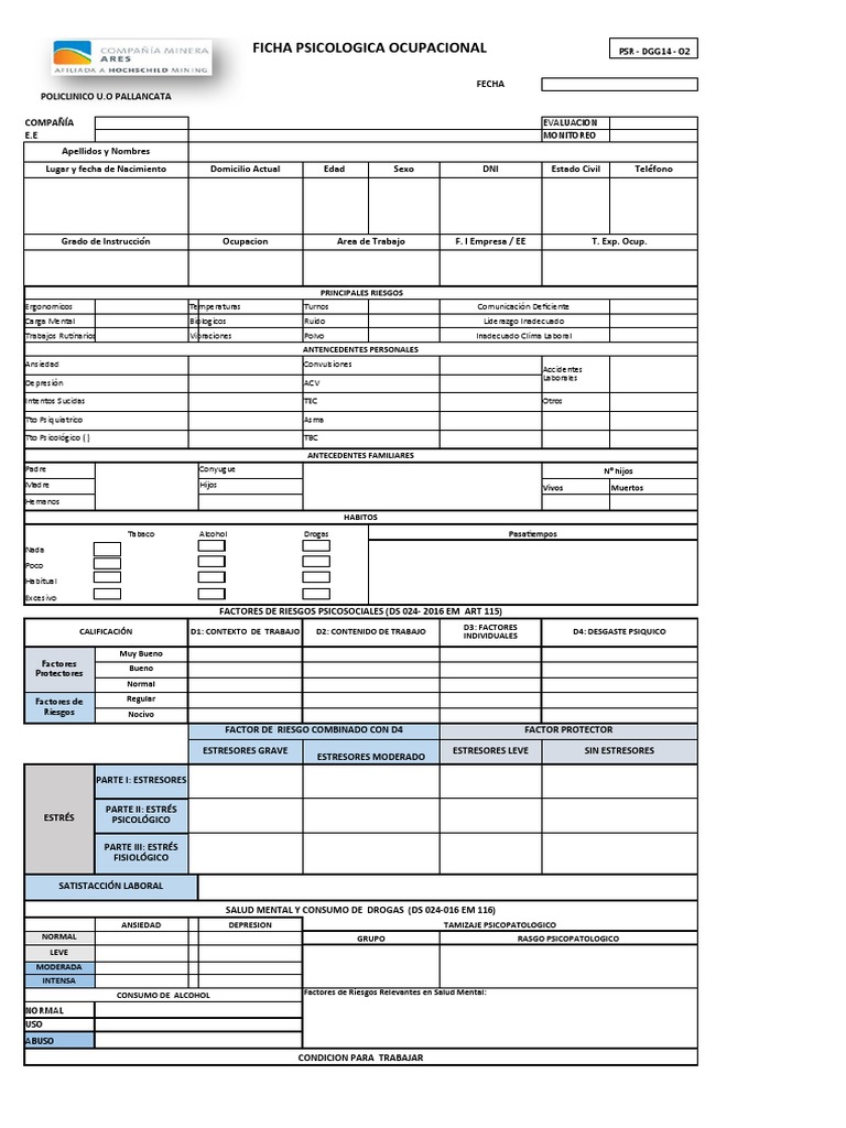2. Ficha Psicologica Ocupacional | PDF | Depresión (estado de ánimo) | Estrés (biología)