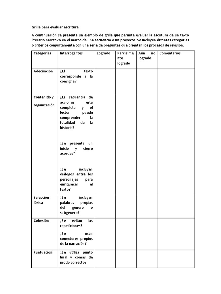Grilla para Evaluar Escritura | PDF | Artes del Lenguaje y Comunicación