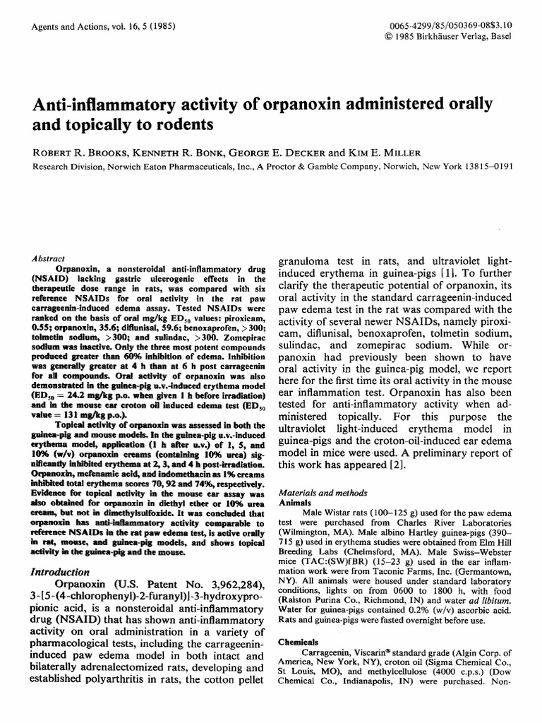 Anti-Inflammatory Activity of Orpanoxin Administered Orally and ...
