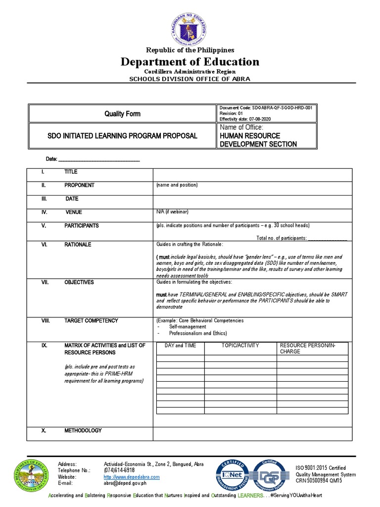 1QF - LEARNING PROGRAM PROPOSAL - SDO new | PDF | Iso 9000 | Quality ...