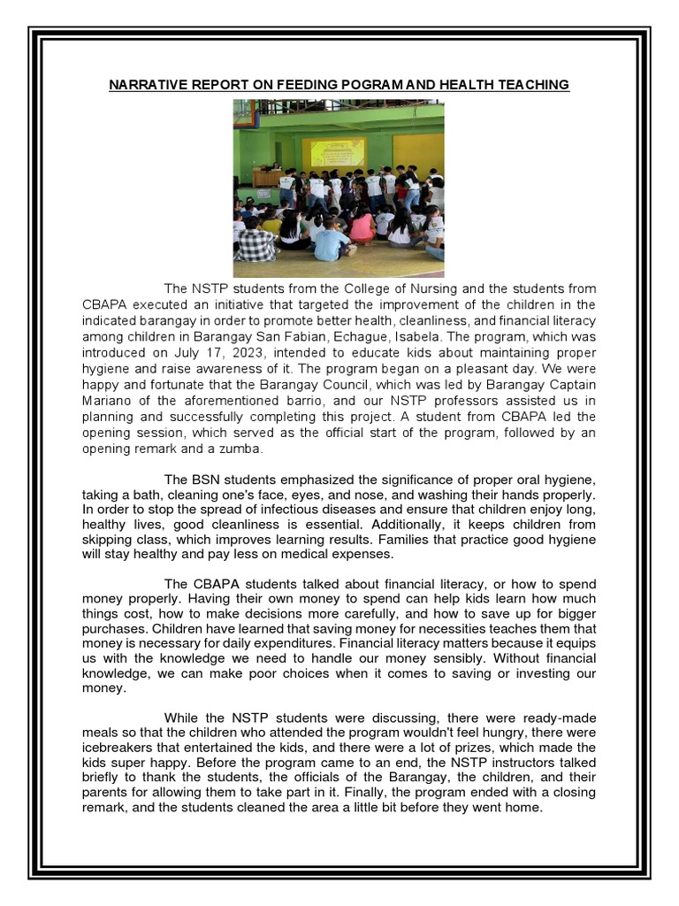 Narrative Report On Feeding Pogram and Health Teaching | PDF | Hygiene ...