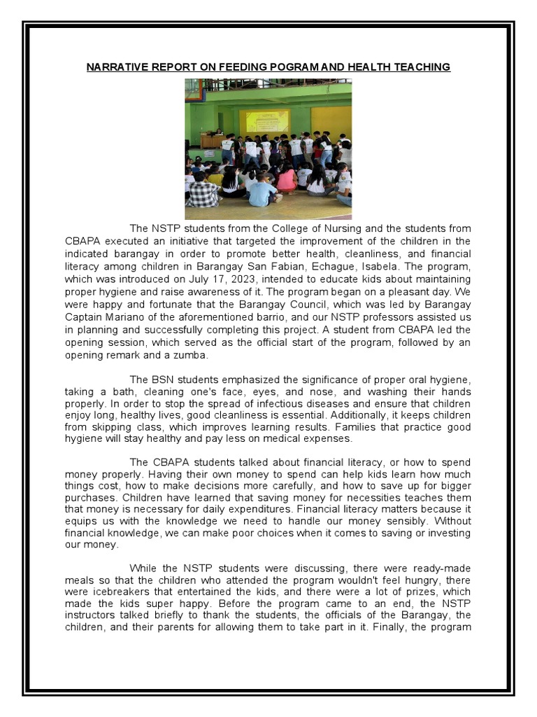 Narrative Report On Feeding Pogram and Health Teaching | PDF | Hygiene | Public Services