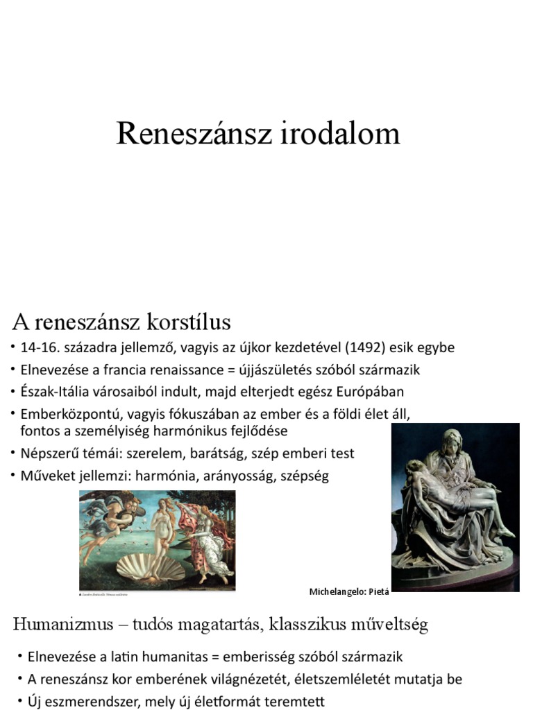 Reneszánsz irodalom 7. osztály | PDF