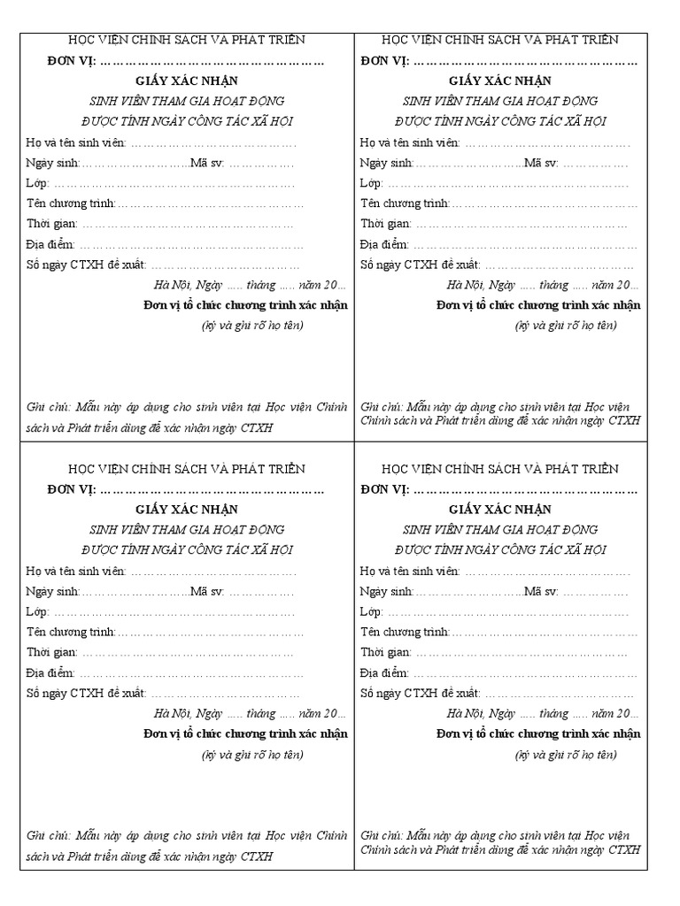 mẫu chứng nhận ngày CTXH | PDF