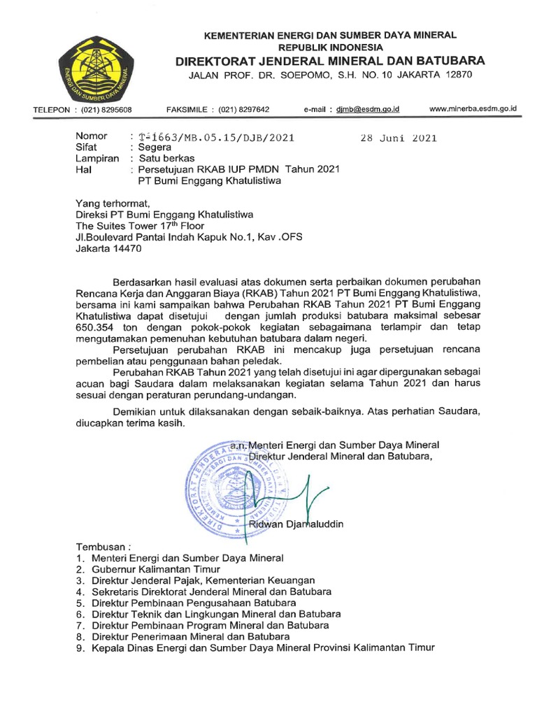 T-1663 Persetujuan RKAB IUP PMDN Tahun 2021 PT Bumi Enggang Khatulistiwa - 280621 | PDF
