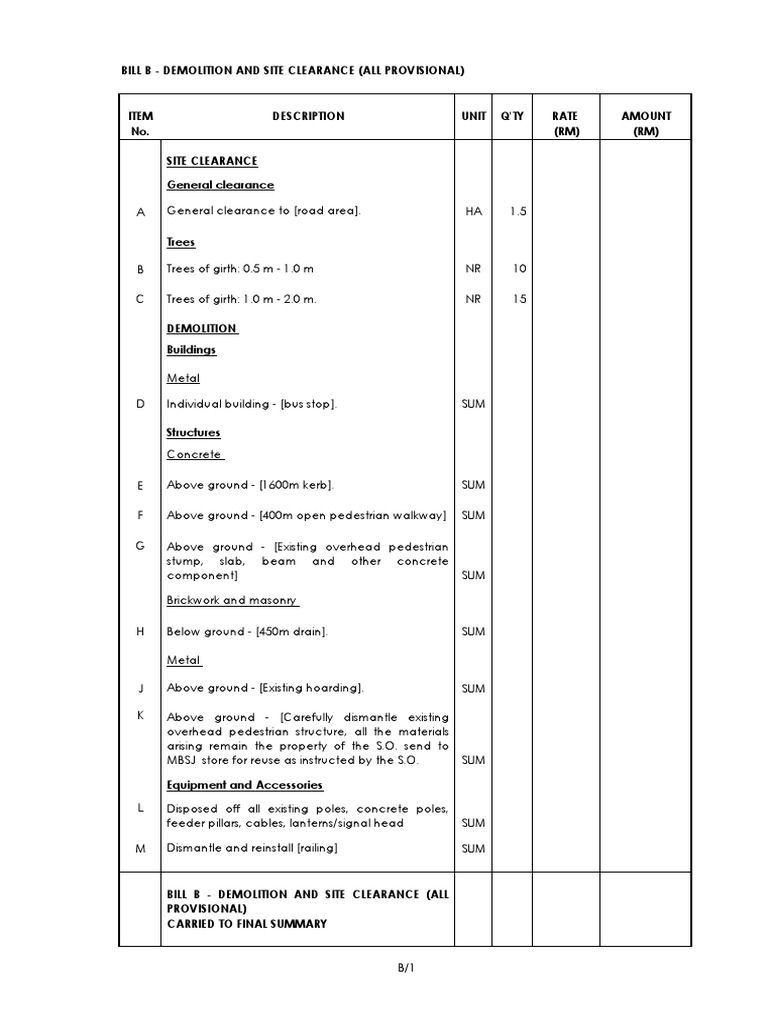 Blank BQ - Site Clearance Subang Flyover | PDF