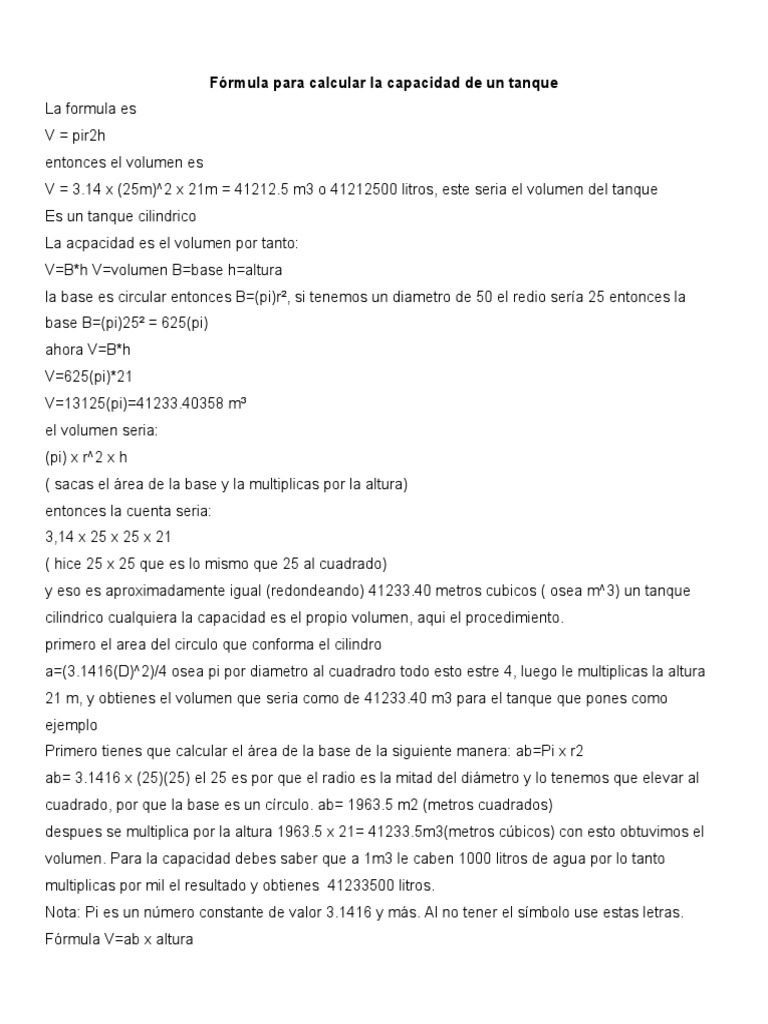 Fórmula para Calcular La Capacidad de Un Tanque | PDF | Galón | Volumen