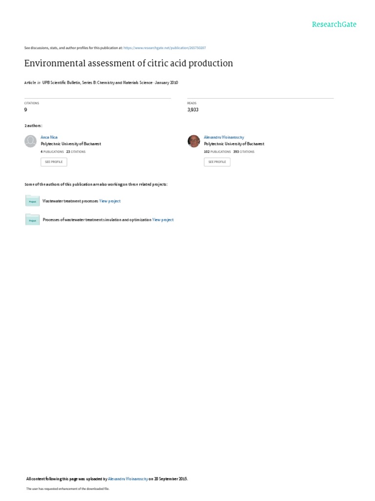 Environmental Assessment of Citric Acid Production | PDF | Acid | Ammonium Environmental Assessment of Citric Acid Production | PDF | Acid | Ammonium
