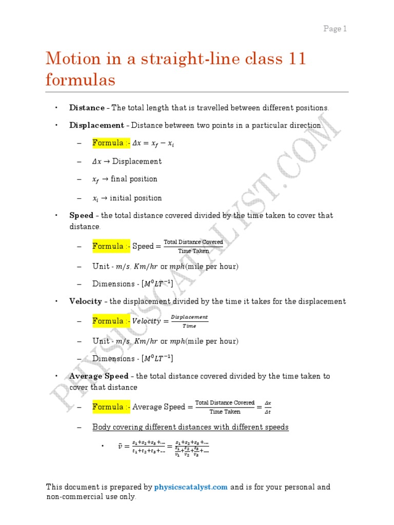 Motion in A Straight Line Formulas | PDF | Speed | Velocity