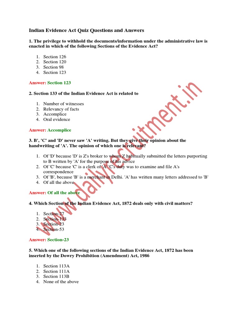 Indian Evidence Act Quiz: Key Questions | PDF | Evidence (Law) | Common Law