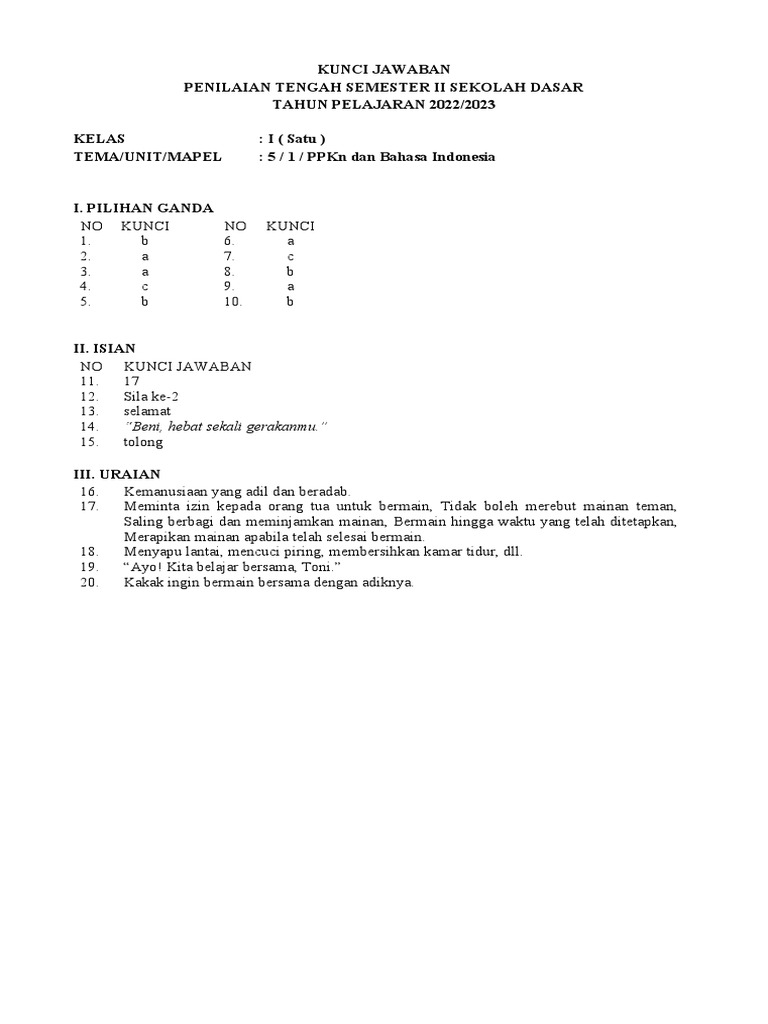 Kunci Jawaban Pts Kelas 1 - t5 - U1 | PDF