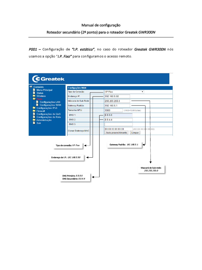 Manual de Configuração de Roteador Greatek GWR300N | PDF | Endereço de ...