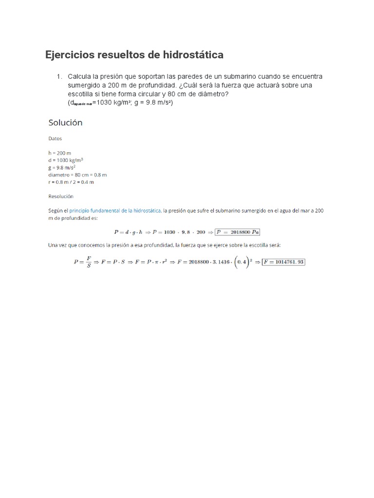 Ejercicios Resueltos de Hidrostática 2 | PDF
