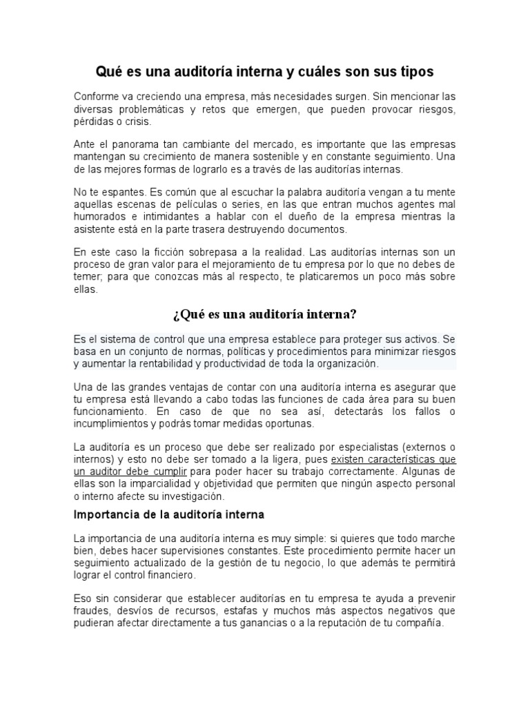 Qué es una auditoría interna y cuáles son sus tipos | PDF | Auditoría ...