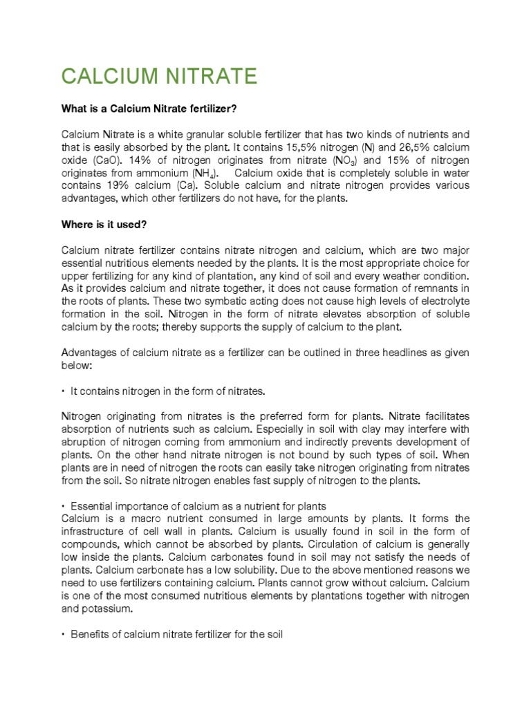 Benefits and Application of Calcium Nitrate | PDF | Soil | Fertilizer