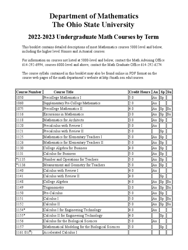OSU Undergraduate Math Courses 2022-2023 | PDF | Function (Mathematics ...
