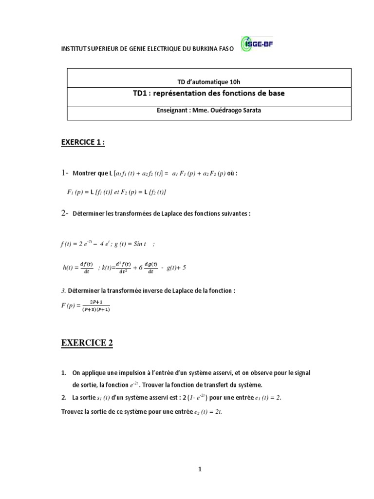 TD d'Automatique pour Étudiants en Génie Électrique | PDF ...