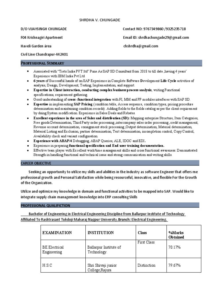 SAP SD Consultant Resume Overview | PDF | Sales | Enterprise Resource ...