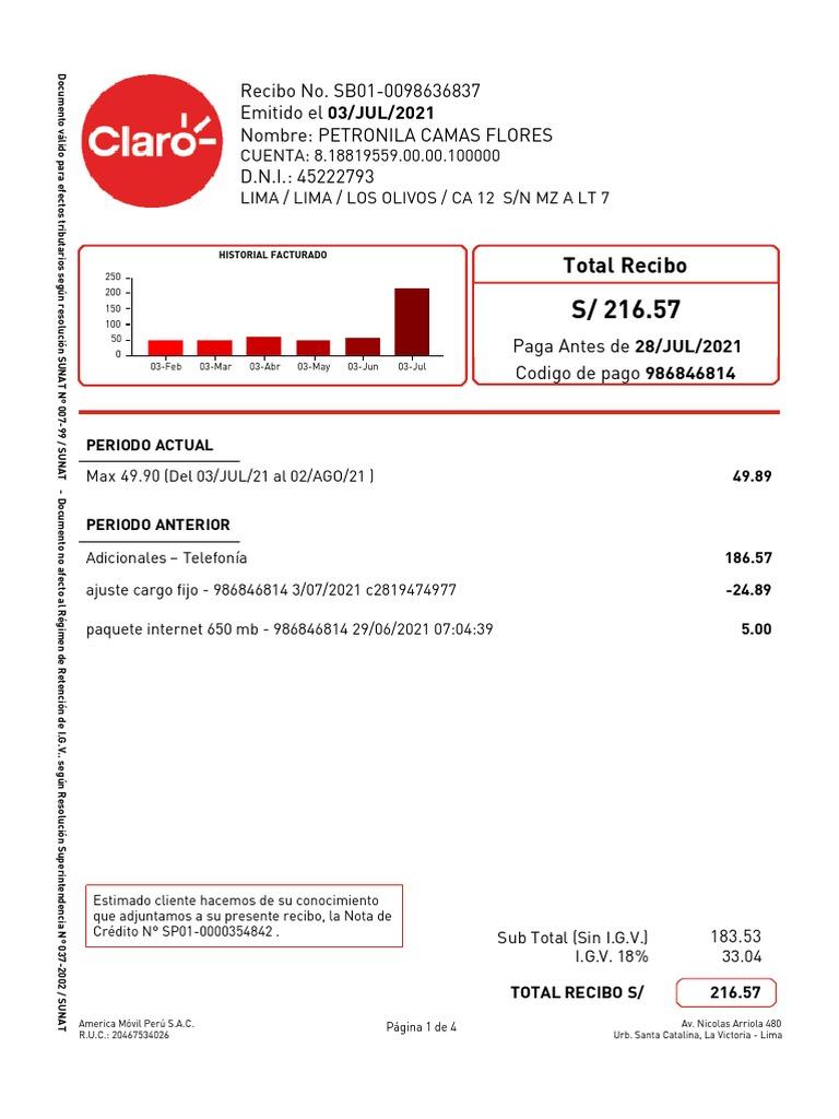 Recibo de Pago Claro - Julio 2021 | PDF