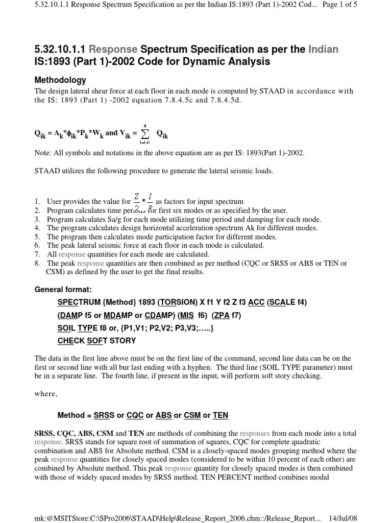 Response Spectrum Method Staad2006 | PDF | Spectral Density | Force