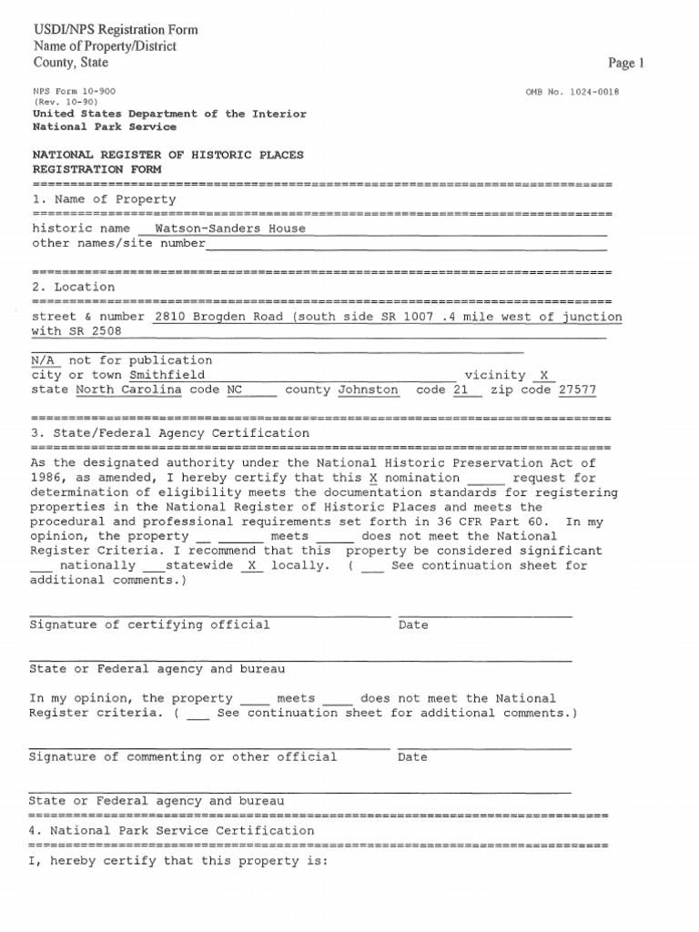 Watson-Sanders House Registration Form | PDF | Architectural Design ...