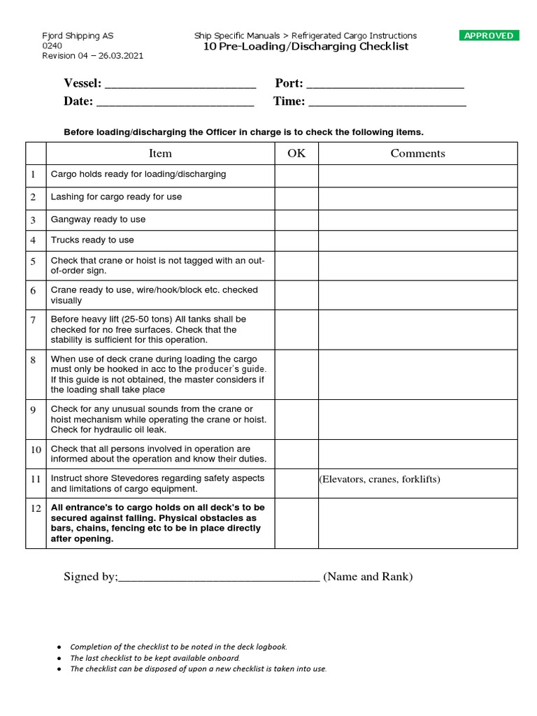 0240 Pre-Loading Discharging Checklist (Rev.4) | PDF