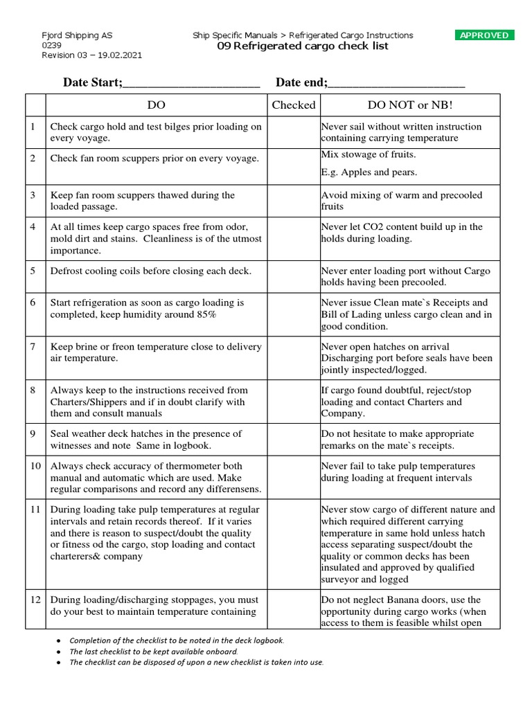 0239 Refrigerated Cargo Checklist (Rev.3) | PDF | Cargo | Refrigeration