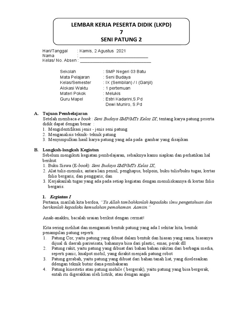 LKPD 7 Seni Patung, Kamis 2 September 2021 | PDF