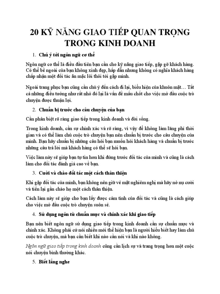20 ky nang giao tiep quan trong trong kinh doanh.docx | PDF