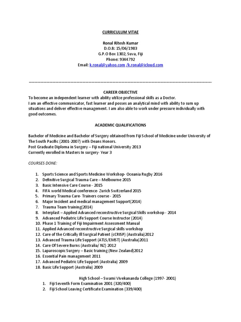 Curriculum Vitae Ronal Kumar | PDF | Surgery | Patient Curriculum Vitae Ronal Kumar | PDF | Surgery | Patient