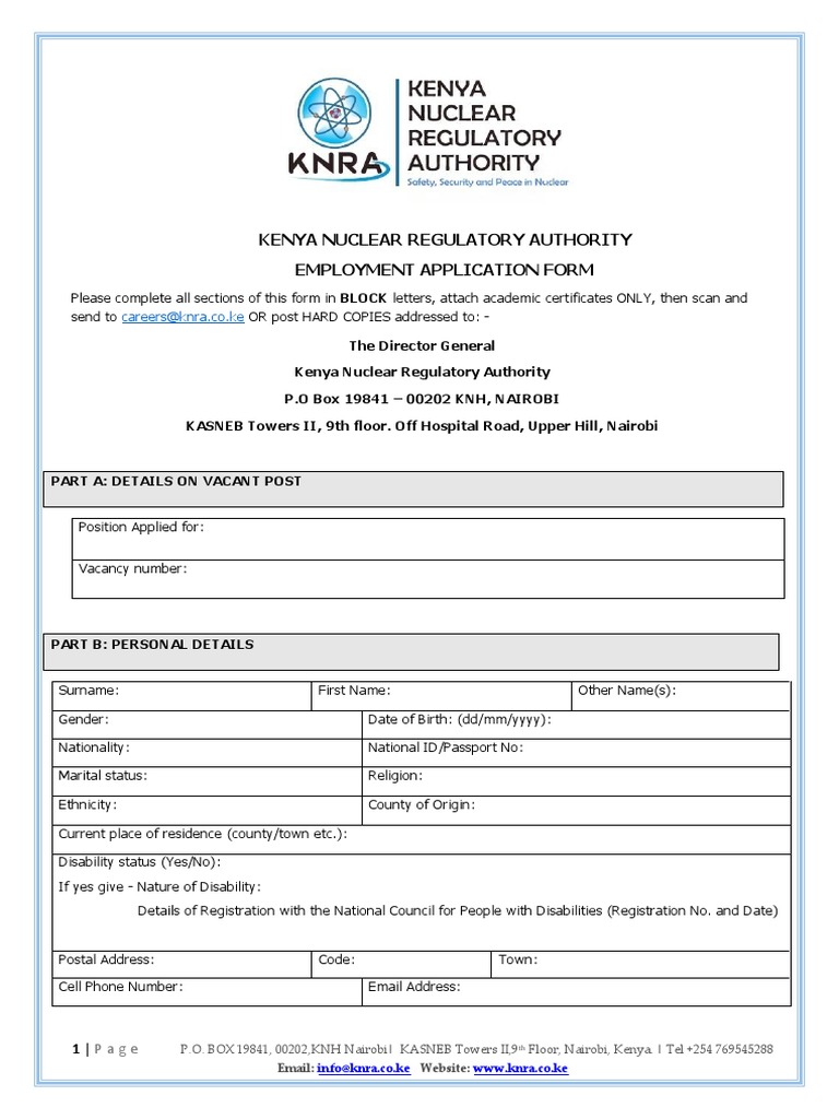 Kenya Nuclear Regulatory Authority Application Form | PDF | Law ...