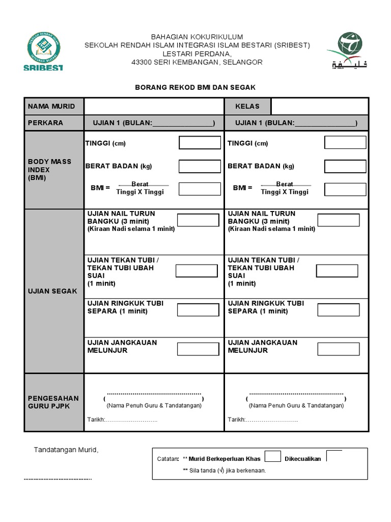 Rekod BMI dan Ujian Segak Murid | PDF