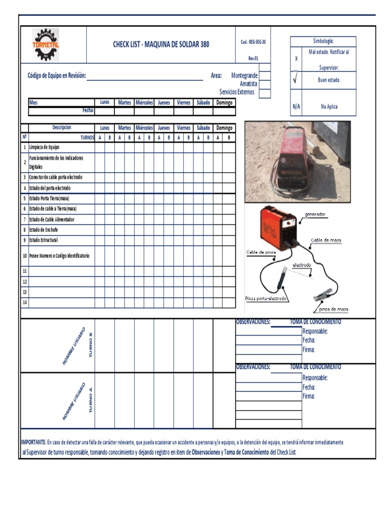 REG-SEG-20 CHECK LIST MAQUINA DE SOLDAR 380 Rev.01 | PDF