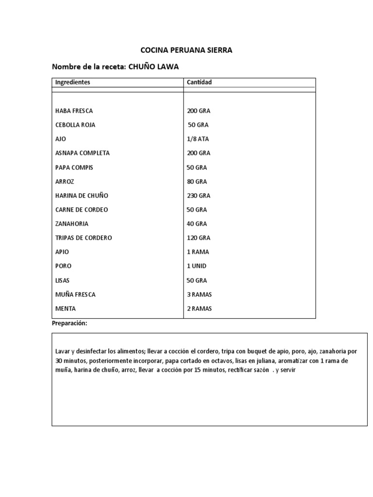 Receta de Chuño Lawa | PDF