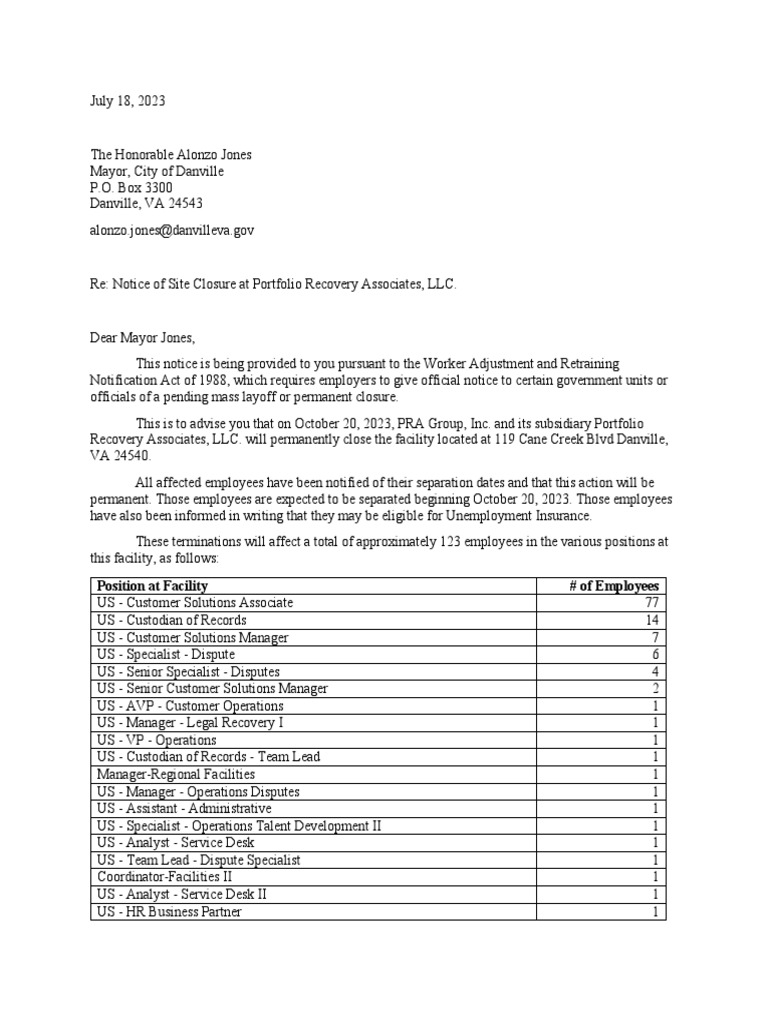 Warn Notice To Danville Mayor Jones | PDF | Employment | Business