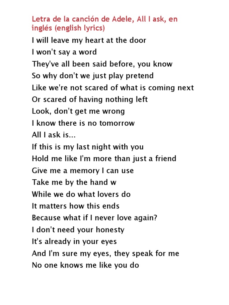 All I Ask Letra Canción Adele | PDF
