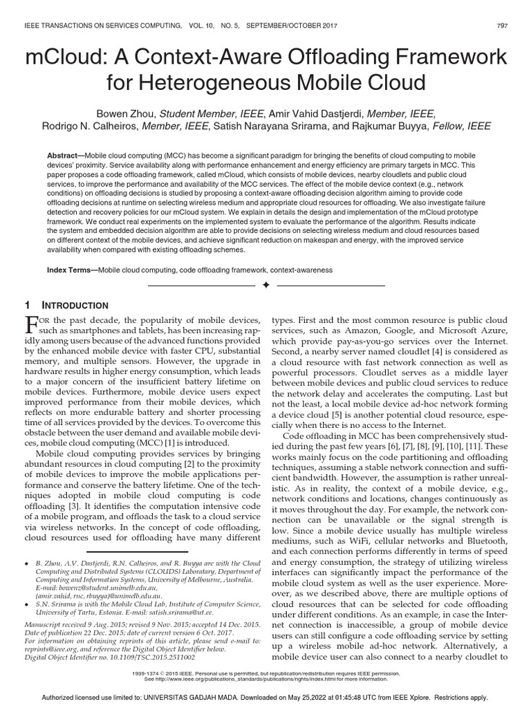 Mcloud A Context-Aware Offloading Framework For Heterogeneous Mobile ... Mcloud A Context-Aware Offloading Framework For Heterogeneous Mobile ...