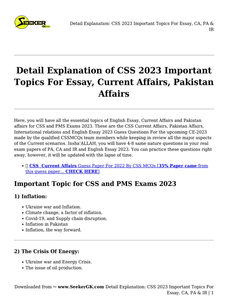 CSS 2023 Essay & Current Affairs Guide | PDF | Cost Of Living | Inflation