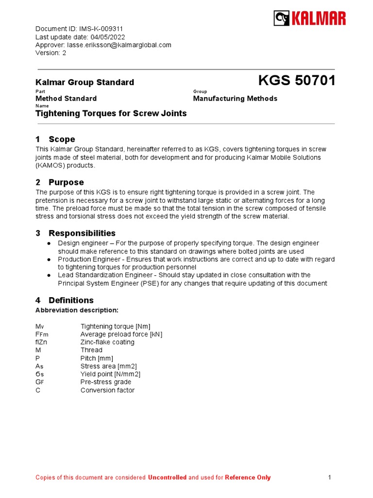 Tightening Torques For Screw Joints | PDF | Screw | Nut (Hardware)