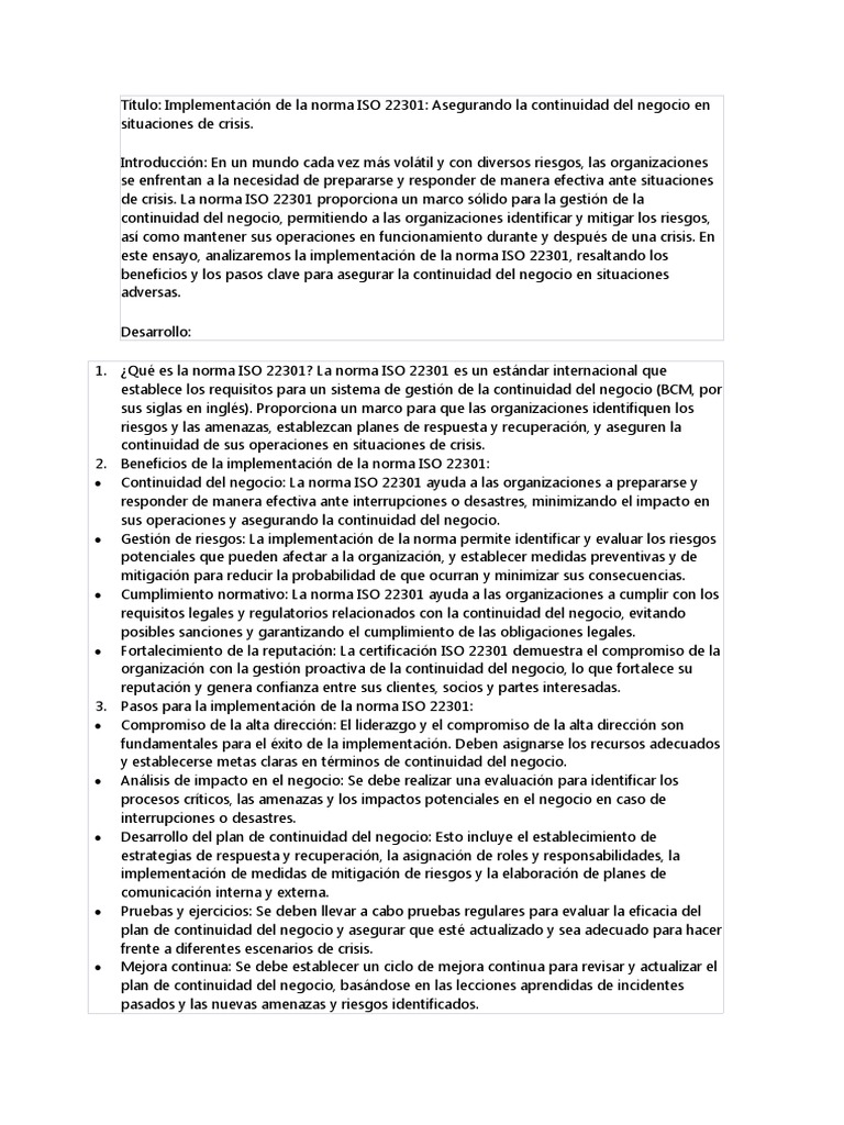 Iso 22301 | PDF | Continuidad del negocio | Business