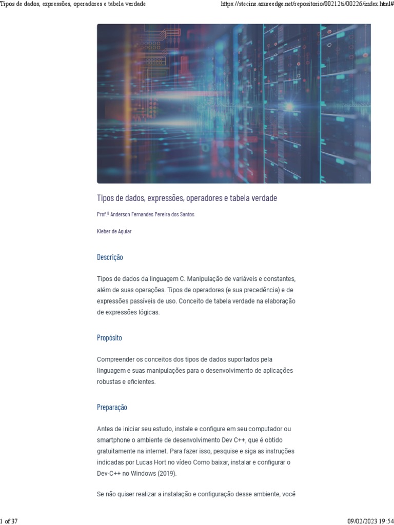 Tipos de Dados, Expressoes, Peradores, Tabela Verdade | PDF | C ...