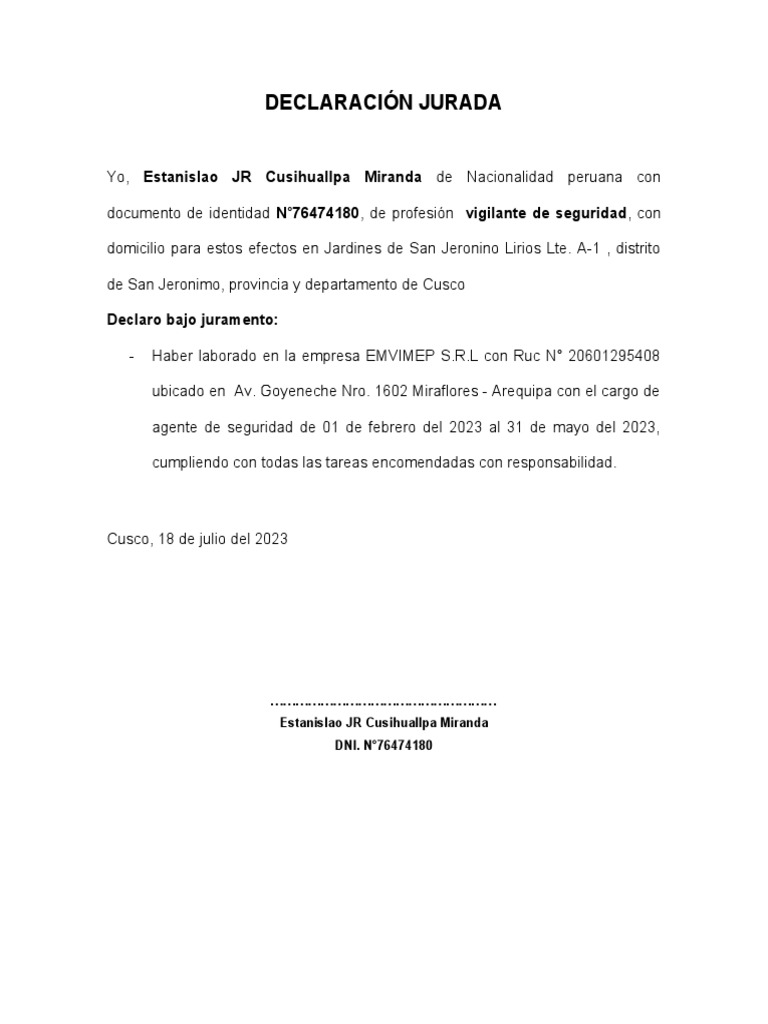 Formato de Declaración Jurada | PDF