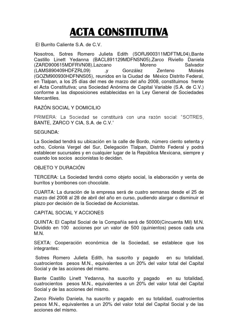 Acta Constitutiva | PDF | Liquidación | Compartir (Finanzas)