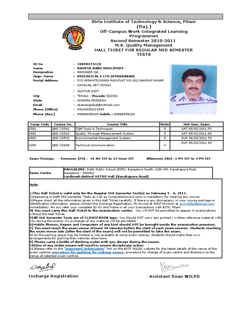 Bits - D.ramesh Babu Hall Ticket | PDF