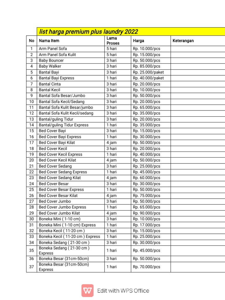 Daftar Harga Premium Plus Laundry 2022 | PDF | Memasak, Makanan ...